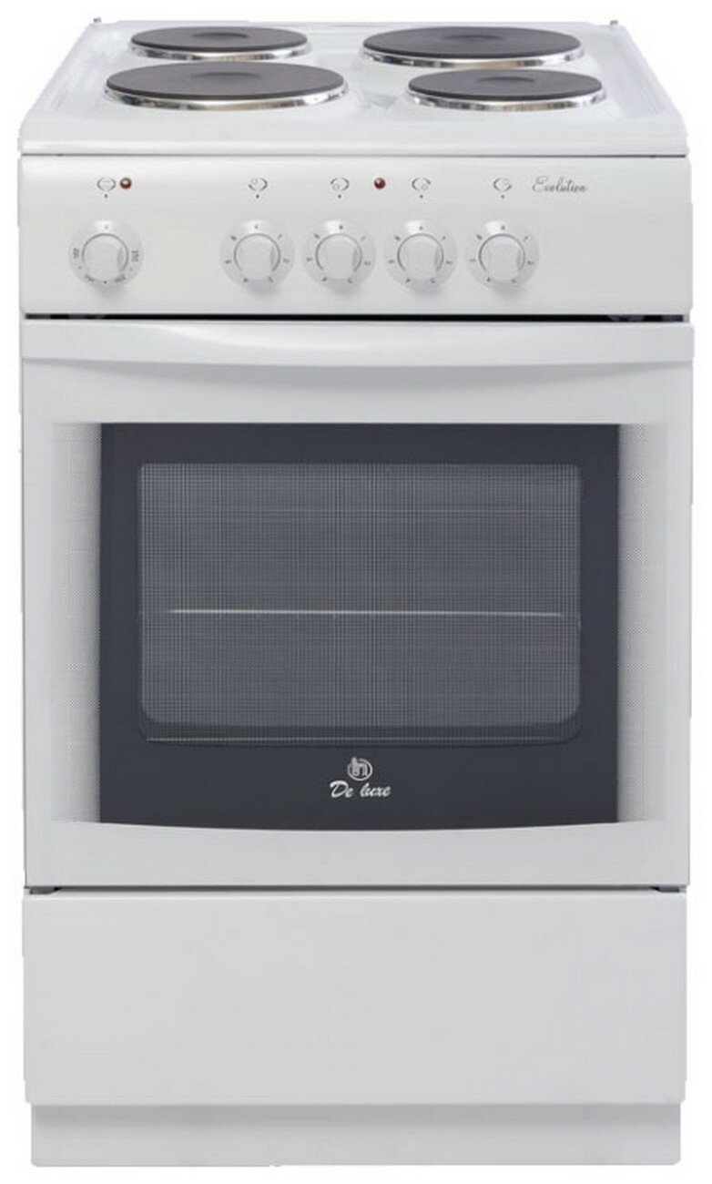 Электроплита De luxe 506004.04 э (без щитка и крышки) 50 см, 54 л, 4 конфорки, белый
