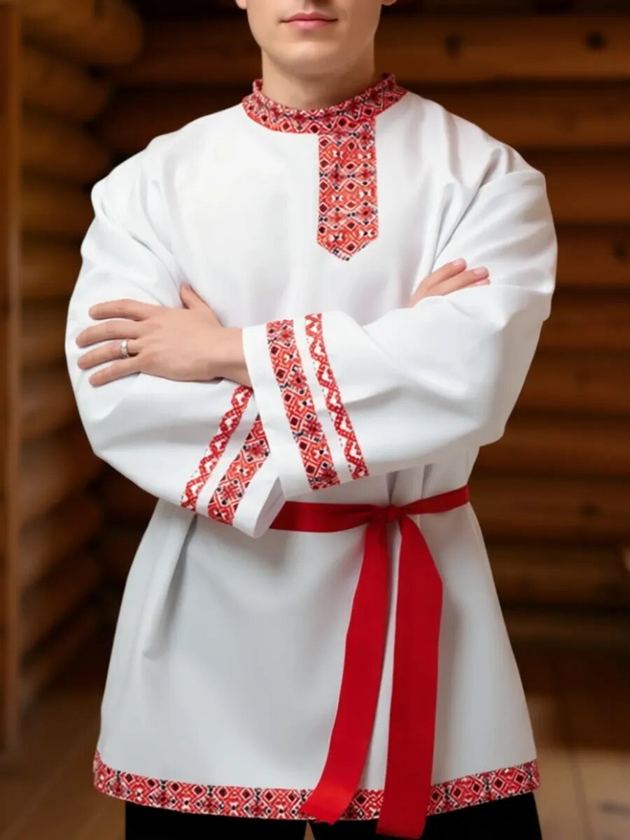 Рубаха русская народная мужская косоворотка костюм Масленица, белый, M/L (48-50)
