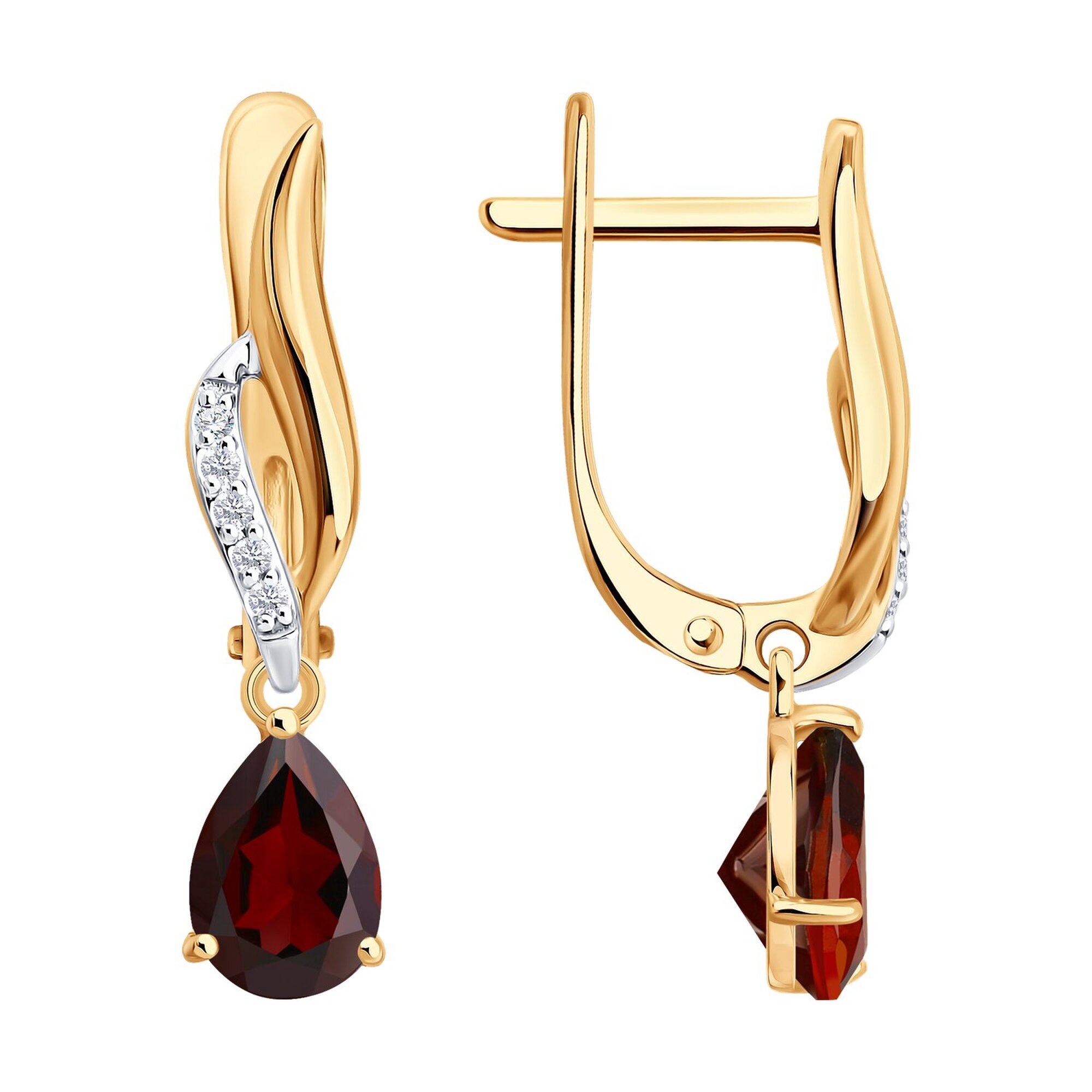 Серьги, красное золото, 585 проба, гранат, бриллиант