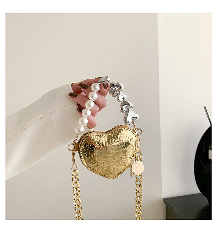 Модная женская сумка, новая корейская модель, мини-сумка в форме сердца, сумка с жемчугом, сумка через плечо, кошелек для помады и мелочи.