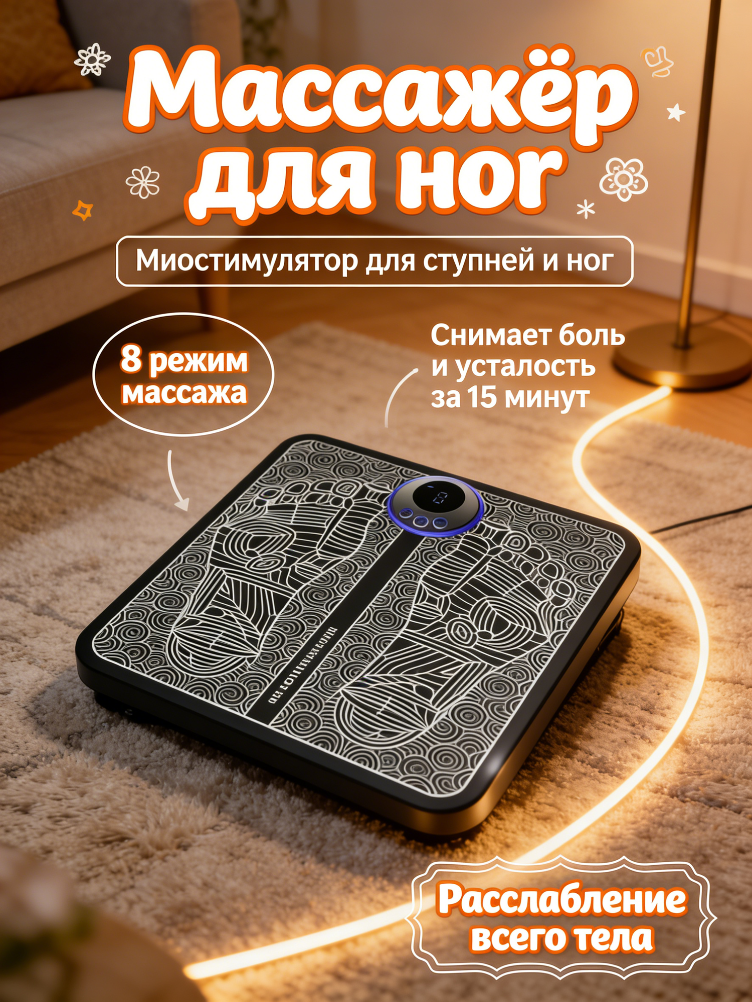 Массажный коврик миостимулятор для ног электрический, акупунктурный массажер для стоп