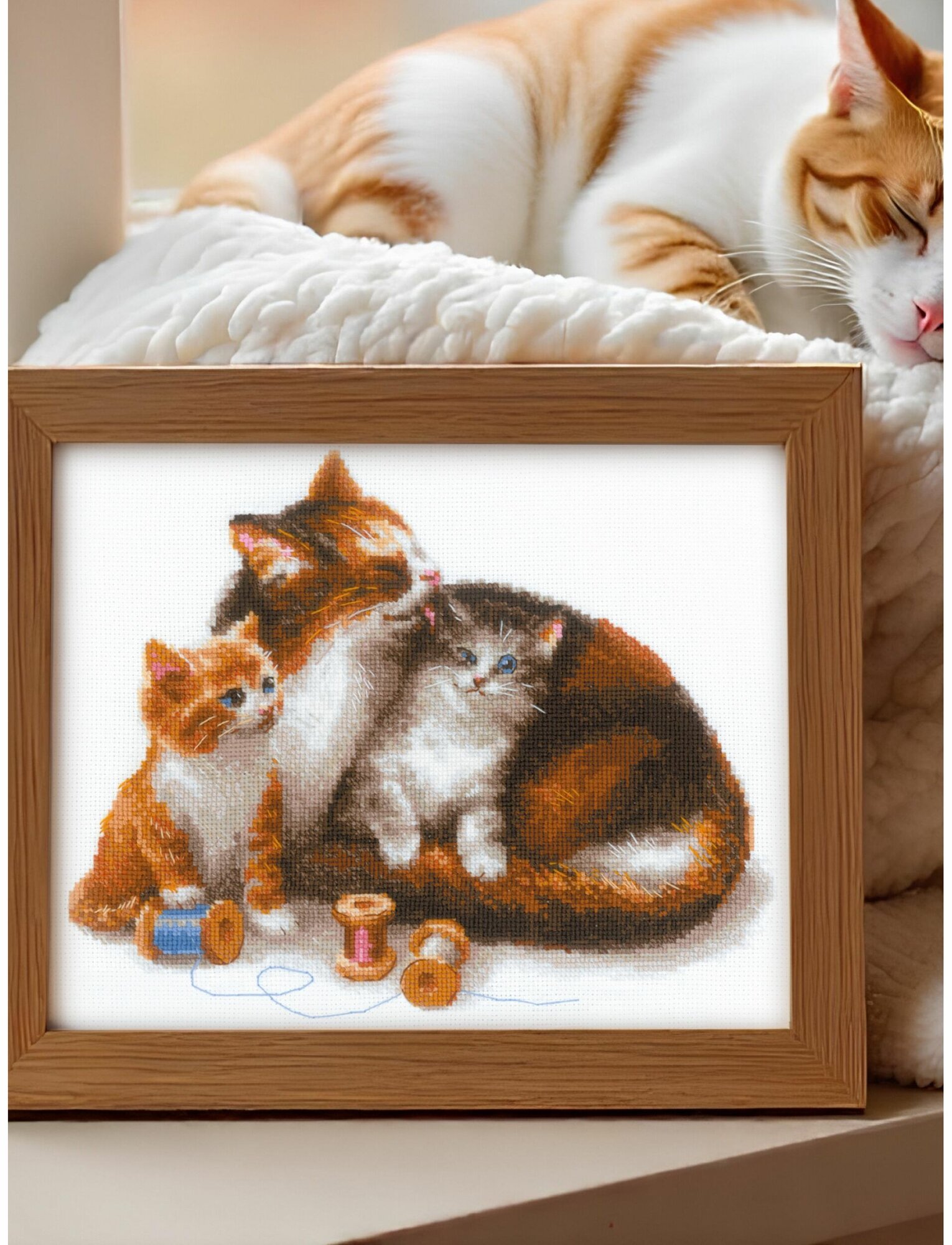 Набор для вышивания крестом Риолис, вышивка крестиком "Кошка с котятами", 30*24 см, 1811