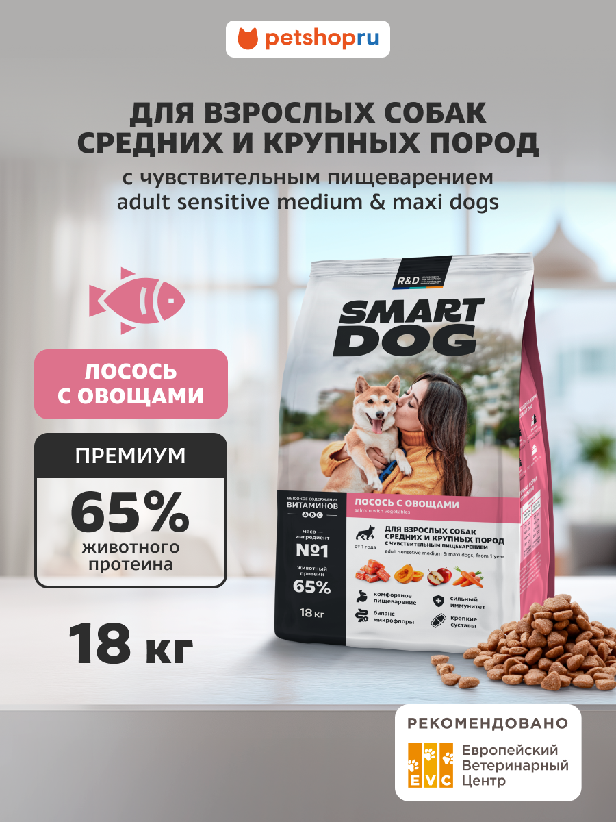 Smart Dog Для взрослых собак средних и крупных пород с чувствительным пищеварением с лососем, sensitive adult medium&maxi, salmon, 18 кг
