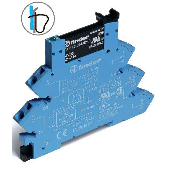 Модуль интерфейсный (сборка 34.81.7.024.9024 + 93.51.7.024) твердотельное реле выход 6А (24В DC) 24В DC IP20 безвинт. клеммы (пружинный зажим), FINDER 389170249024 (1 шт.)