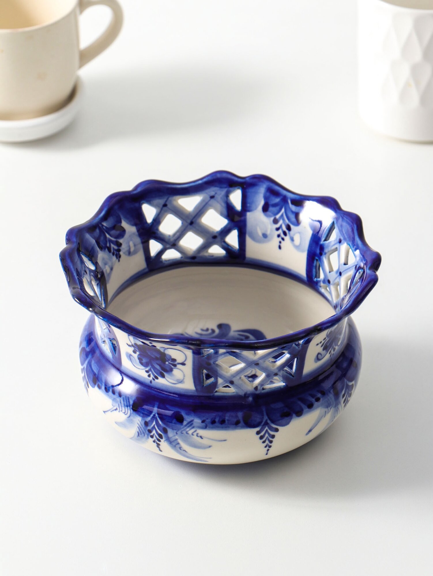 Сухарница фарфоровая «Одуванчик», авт. Рогов, 1.1 л, 21×9 см, гжель