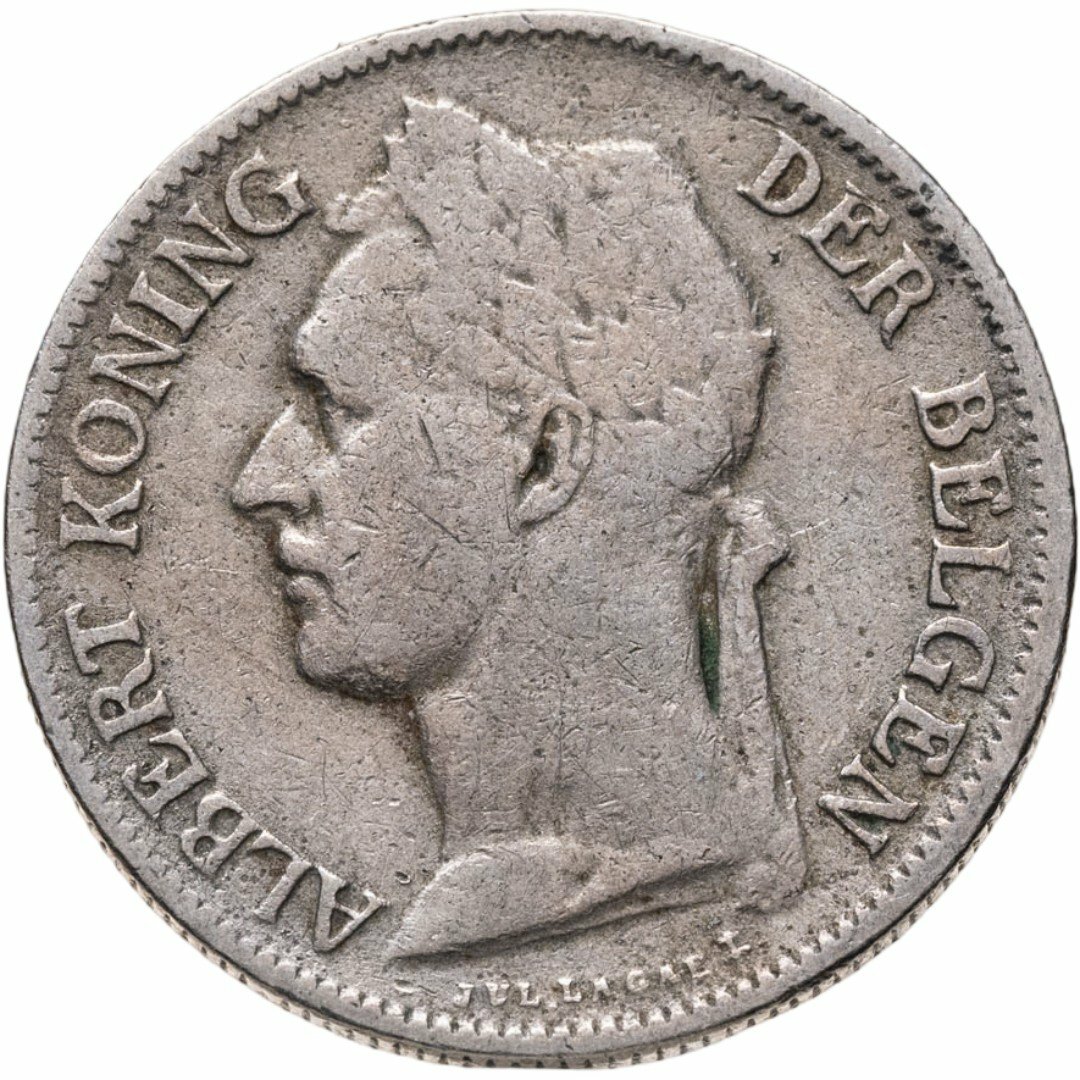 Бельгийское Конго 50 сантимов centimes 1925 Надпись на голландском - 'ALBERT KONING DER BELGEN', Мельхиор медь-никель, в сохранности VF
