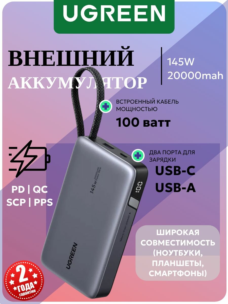 Внешний аккумулятор UGREEN PB551 (55992B) 145W Power Bank 20000mAh USB-C&USB-A со встроенным кабелем USB-C.