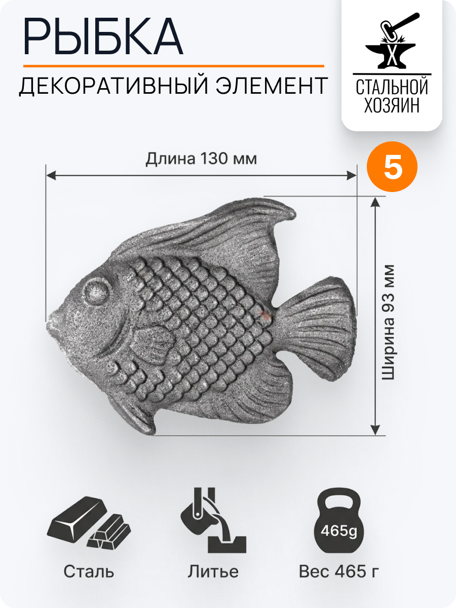 5 шт Декоративный кованый элемент Рыба стальная. Размеры 130х93 мм