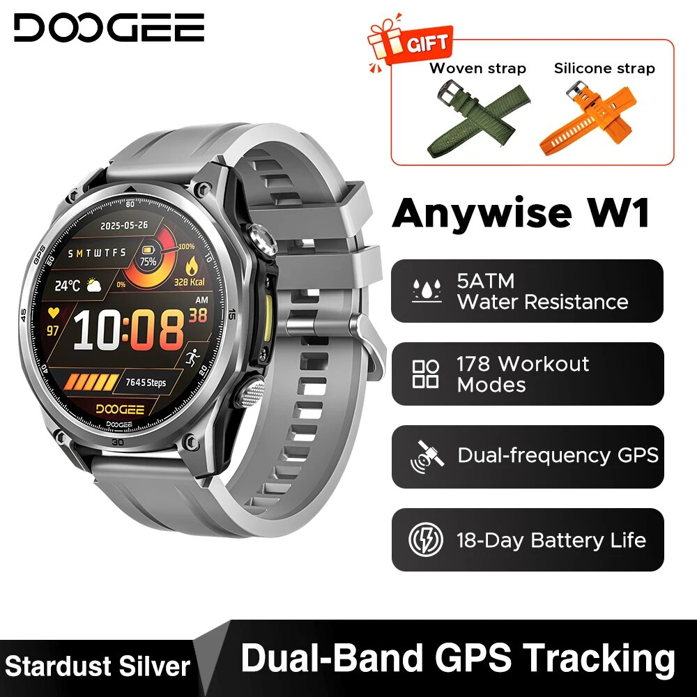 DOOGEE Anywise W1, Серый, Умные часы, Dual-Band GPS