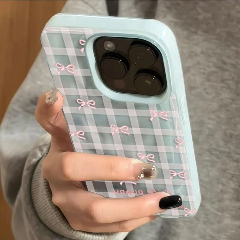Чехол для телефона Best Friend Niche French Gentle Mint Green Plaid Bow Soft для iPhone 17 17E 16 15 14 13 12 11 Pro Max Cover Funda