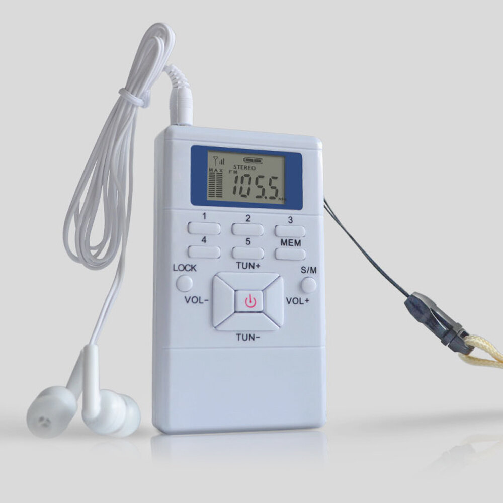 Приемник радиостанций FM стерео с цифровой обработкой сигнала , дисплей LCD, наушники, люстру, модель Y4305, диапазон FM 60-108MHz, экран 1.2 дюйма, 5 предустановленных станций, разъем наушников 3.5мм, питание 2 батарейки AAA, цвет Серый Черный,