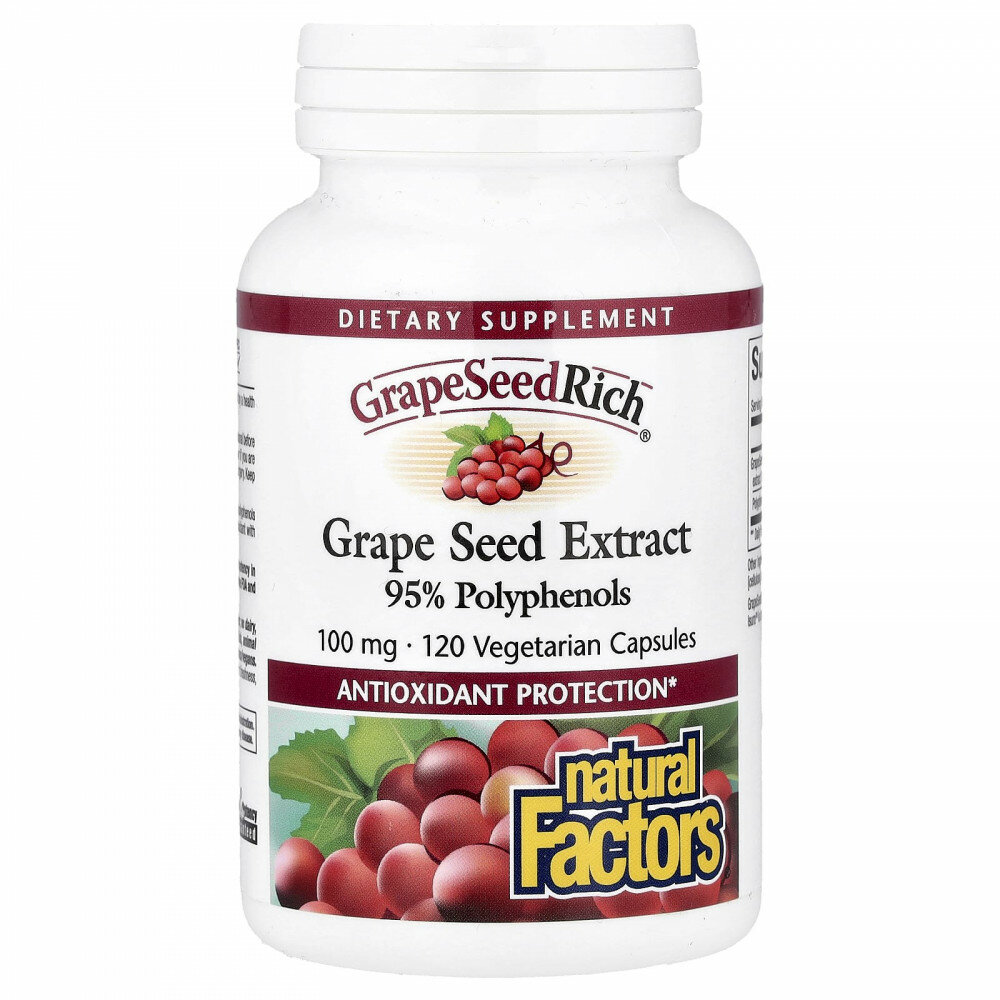 Natural Factors, GrapeSeedRich®, экстракт виноградных косточек, 100 мг, 120 вегетарианских капсул