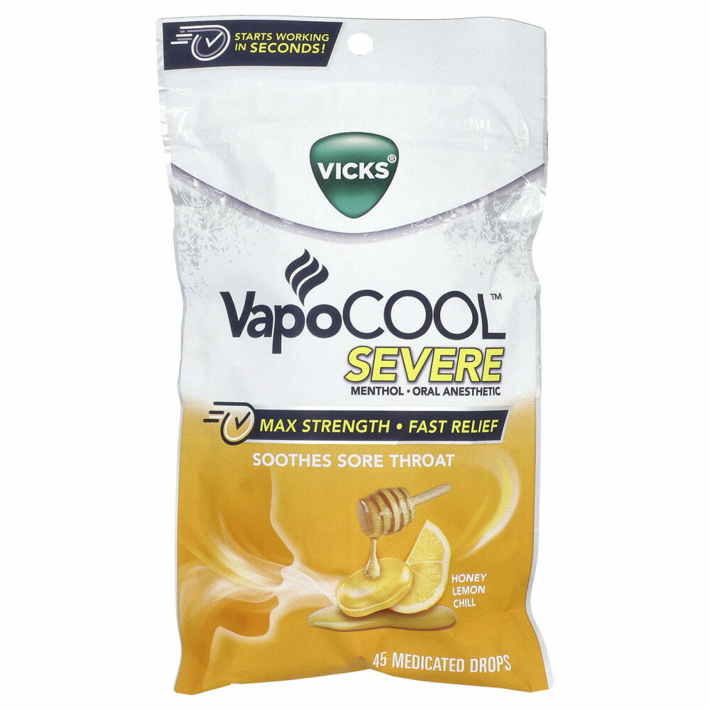 Vicks, VapoCool ™, Severe, Max Strength, мед и лимон для охлаждения, 45 лечебных капель