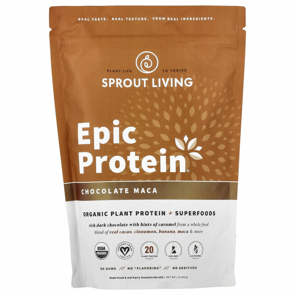 Sprout Living, Epic Protein, органический растительный протеин и суперпродукты, шоколад и мака, 455 г (1 фунт)
