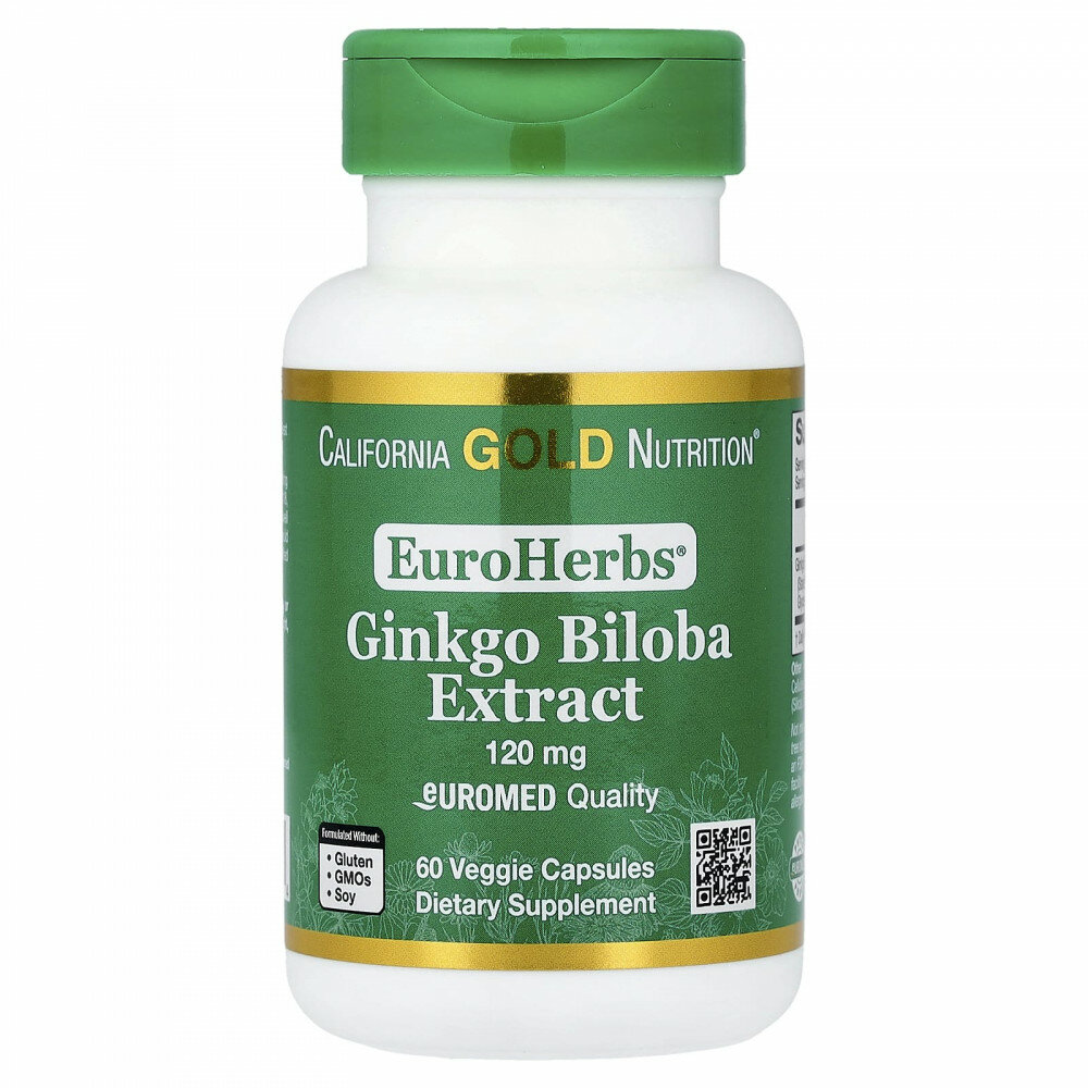 California Gold Nutrition, EuroHerbs™, экстракт гинкго билоба, качество Euromed, 120 мг, 60 растительных капсул