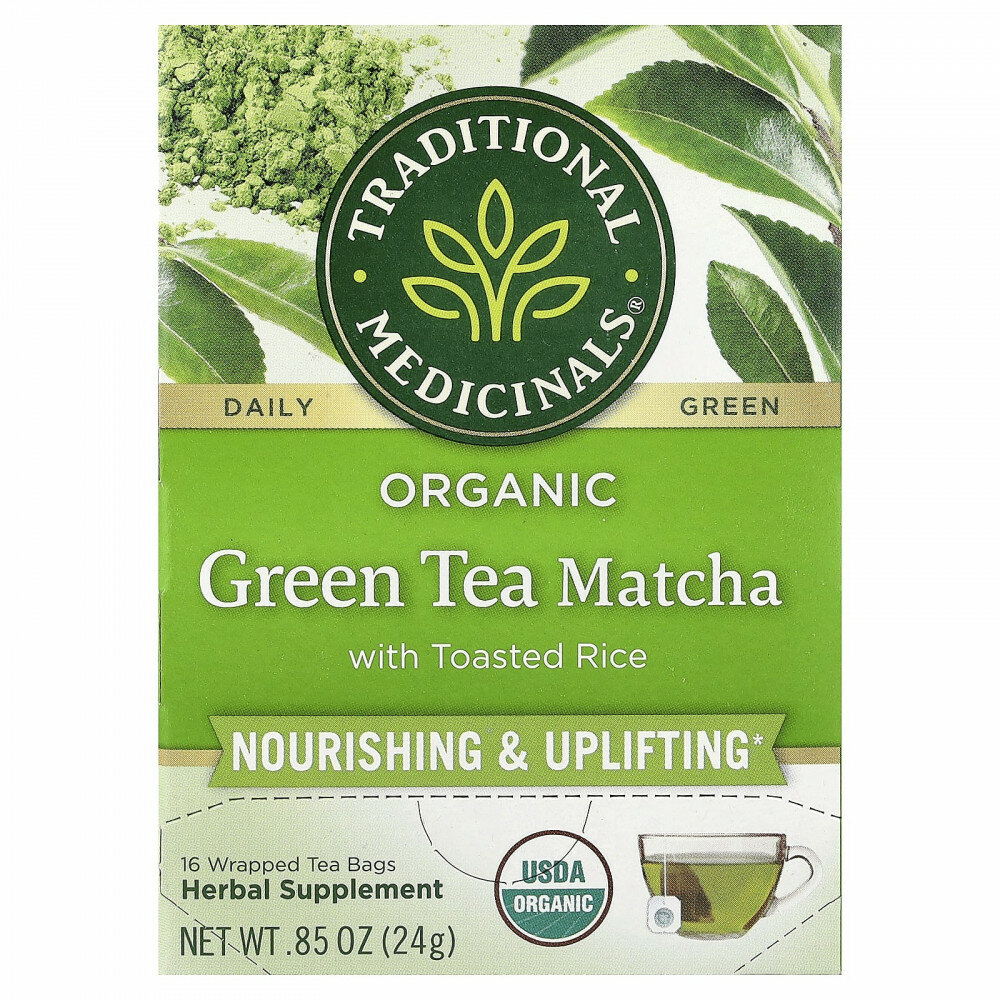 Traditional Medicinals, органический зеленый чай матча с обжаренным рисом, 16 упакованных чайных пакетиков, 24 г (0,85 унции)