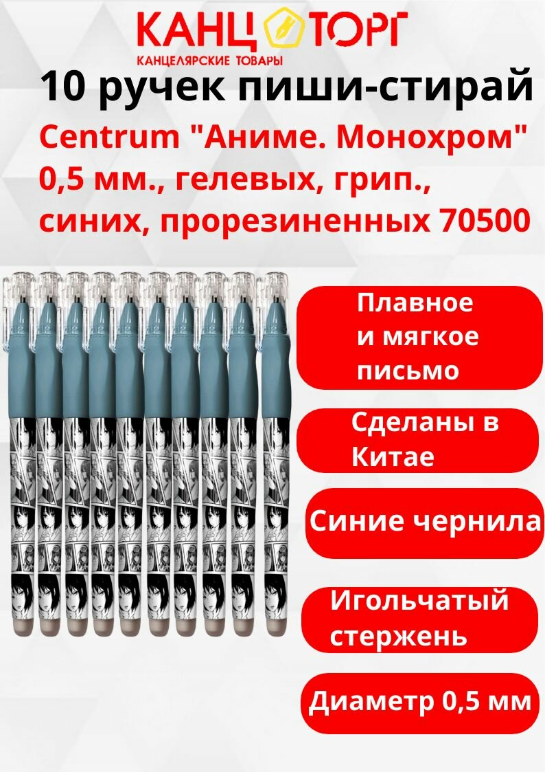 10 ручек пиши-стирай Centrum "Аниме. Монохром" 0,5 мм, гелевых, грип, синих, прорезиненных 70500