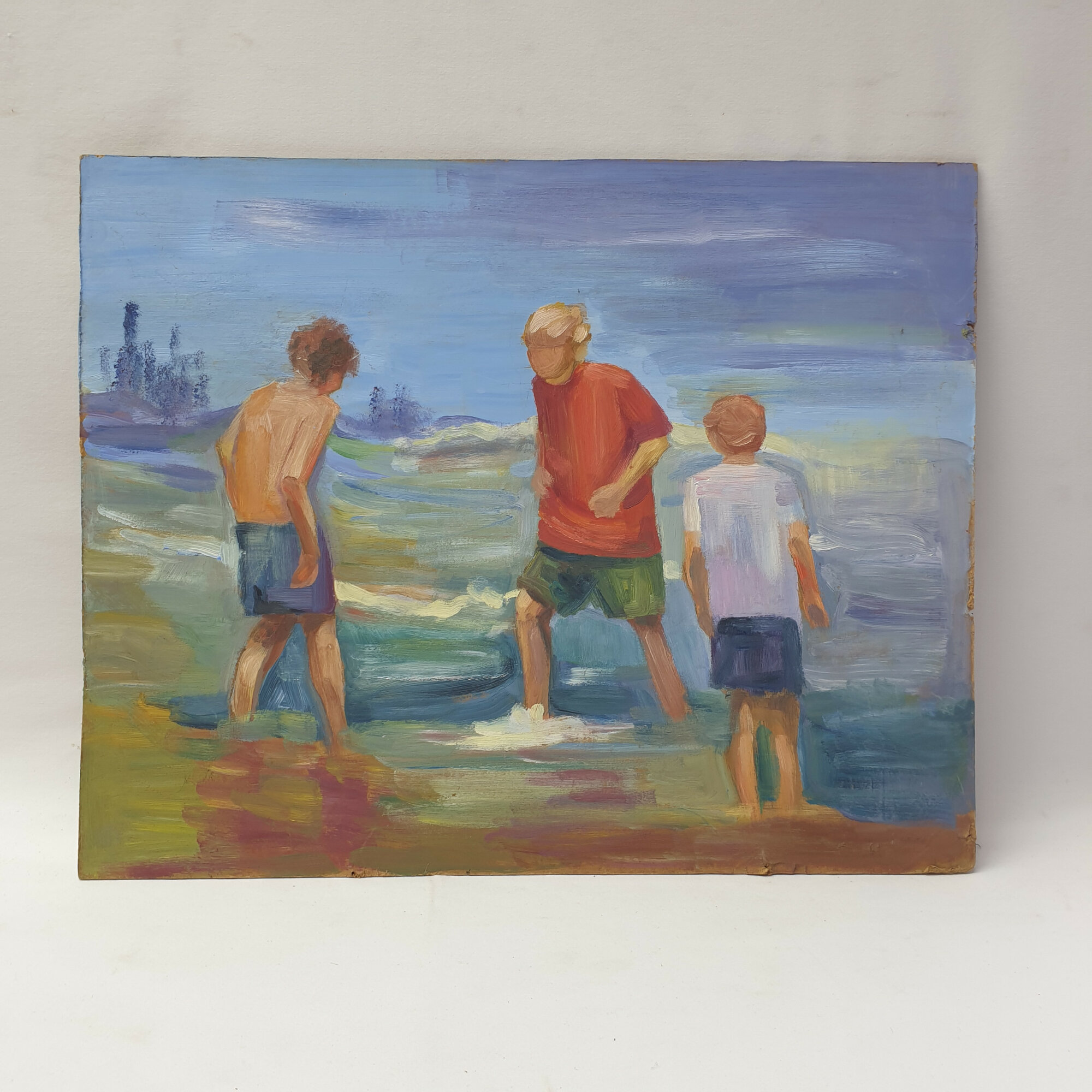 Винтажная картина Рябята, ДВП, масло, 40х50 см. СССР