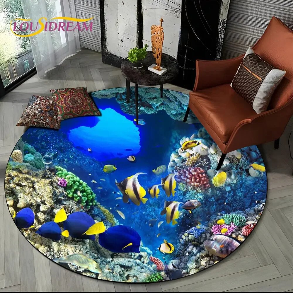 3D Seabed Illusion Underwater World Dolphin Round Area Rug, Carpet for Living Room Bedroom Sofa Playroom Decor, Non-slip Floor Mat