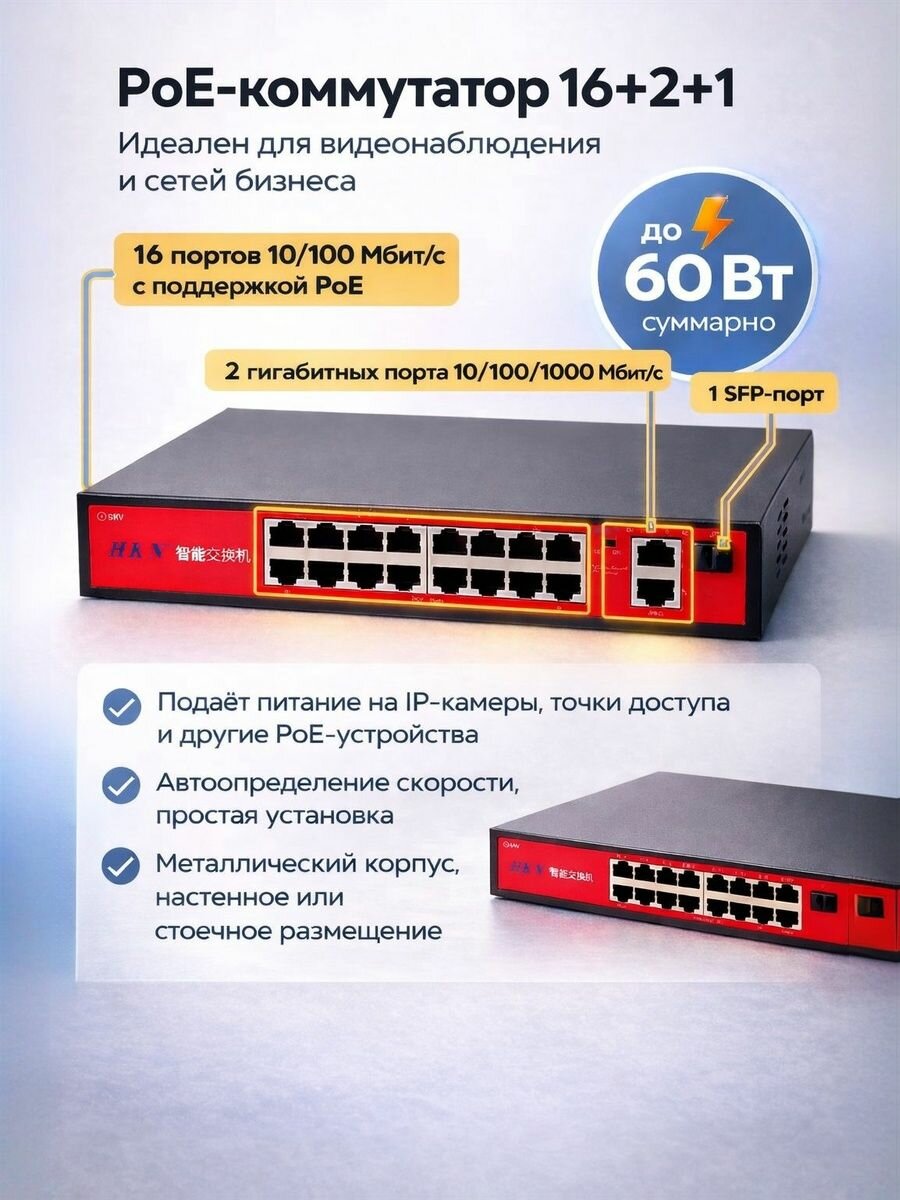 Сетевой коммутатор POE с 16 портами (100 Мбит/с), 2 портами (1 Гбит/с) и 1 SFP-портом. HKN-10163GF GB