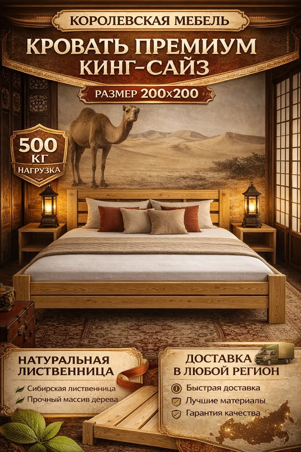 Кровать 200х200 разборная из дерева лиственницы двуспальная прочная