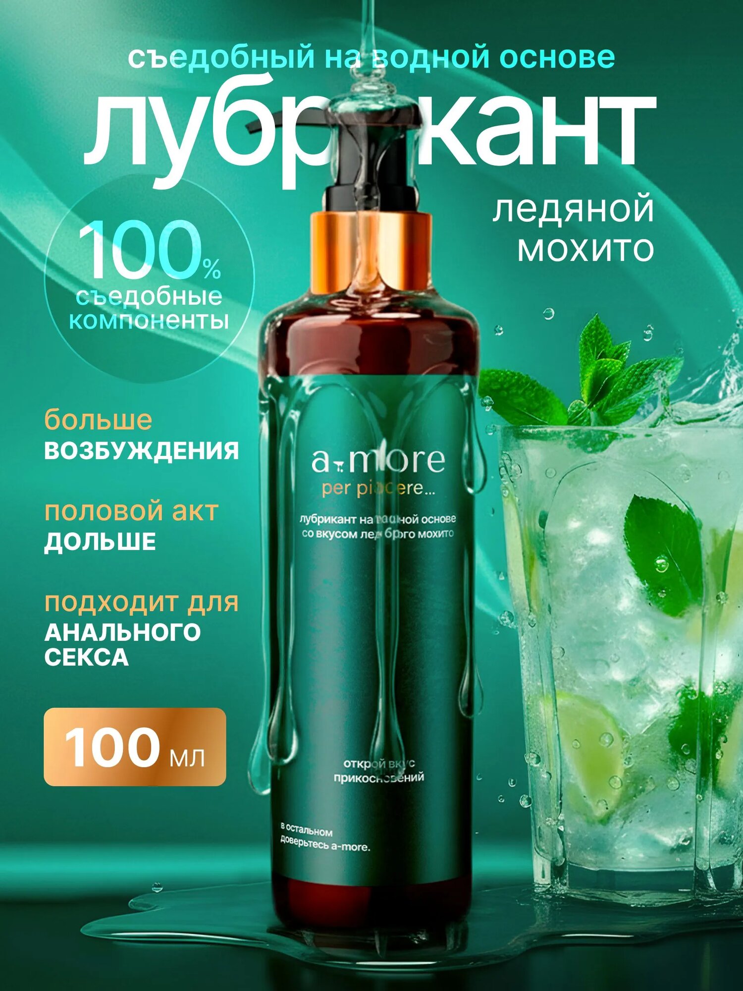 Лубрикант интимный на водной основе с вкусом мохито, смазка для анального, вагинального и орального секса
