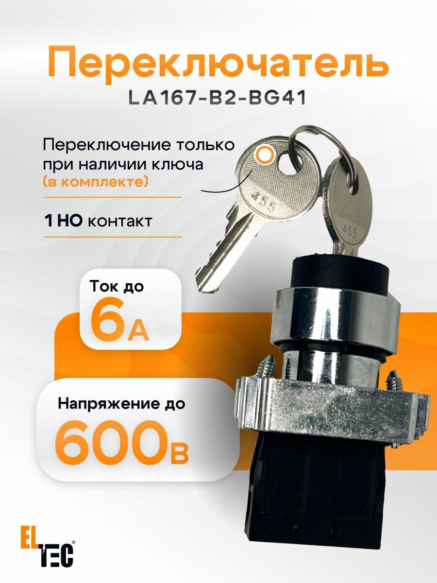 Переключатель на 2 положения с самовозвратом OFF-(ON), с ключом, ELTEC LA167-B2-BG41 (1NO)