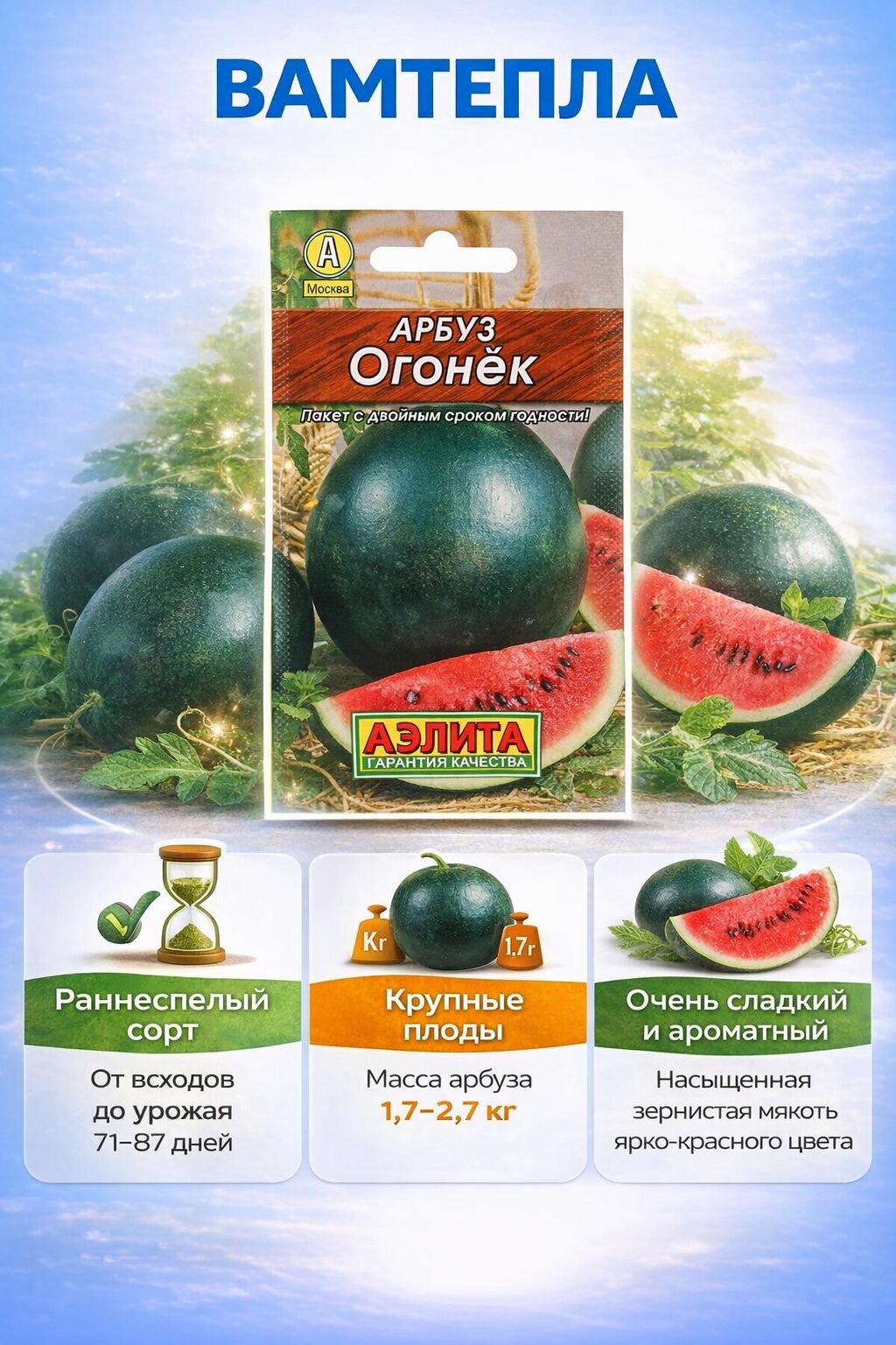 Семена арбуза Огонёк, раннеспелый сорт, сладкий арбуз 1,7 - 2,7 кг, семена для открытого грунта и дачи
