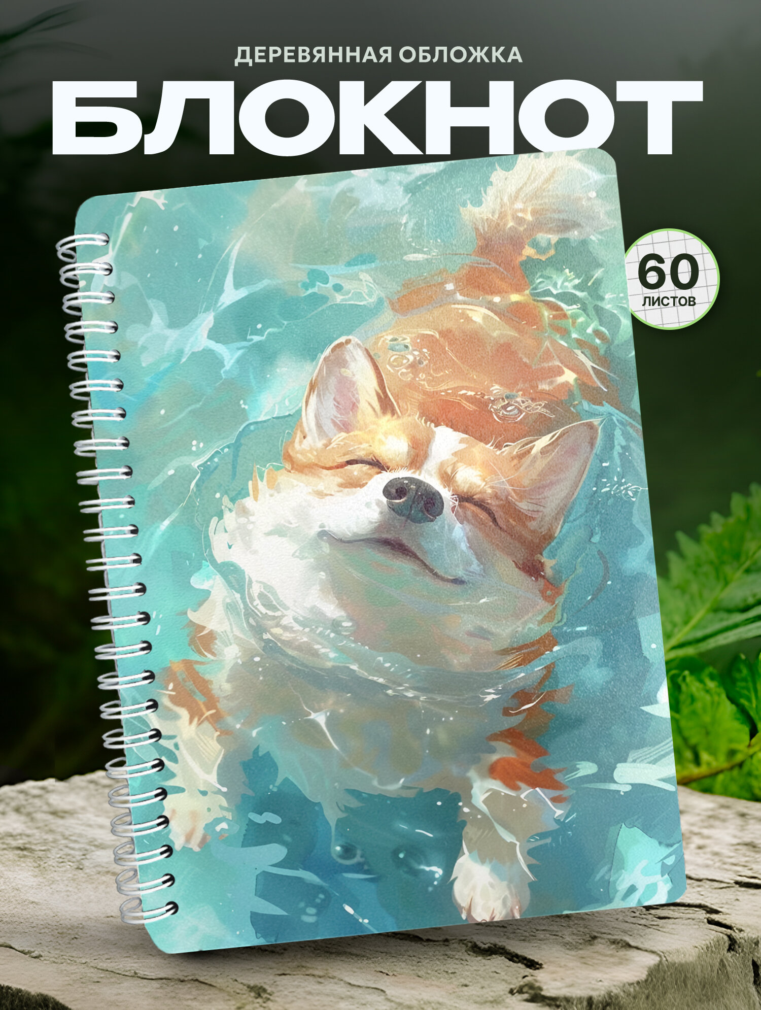 Блокнот Wood-book "корги плавает", A5, твердая обложка, лхдф