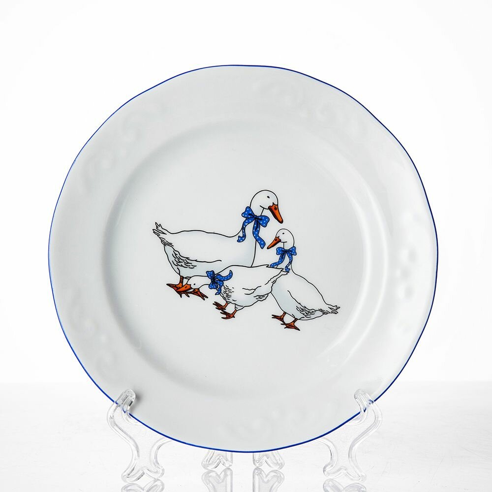 Набор фарфоровых тарелок мелких 175 мм. Добруш "Гуси" ф. Надежда 6 шт, Добрушский фарфоровый завод