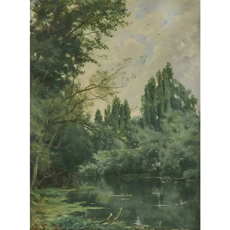 Винтажный пейзаж на холсте Темно-зеленый, Light Grey, 50x70cm No Frame