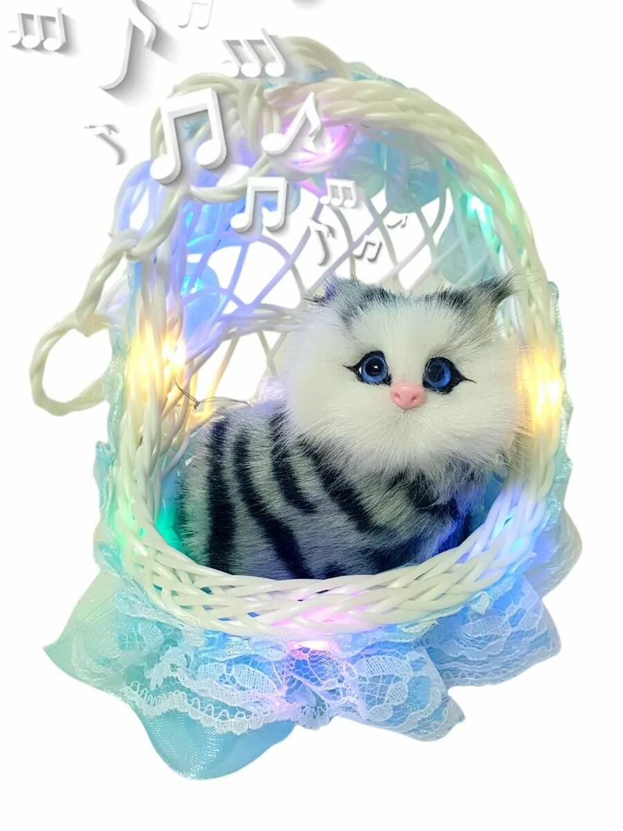 Музыкальная игрушка котёнок в корзинке с подсветкой, звуковые и световые эффекты