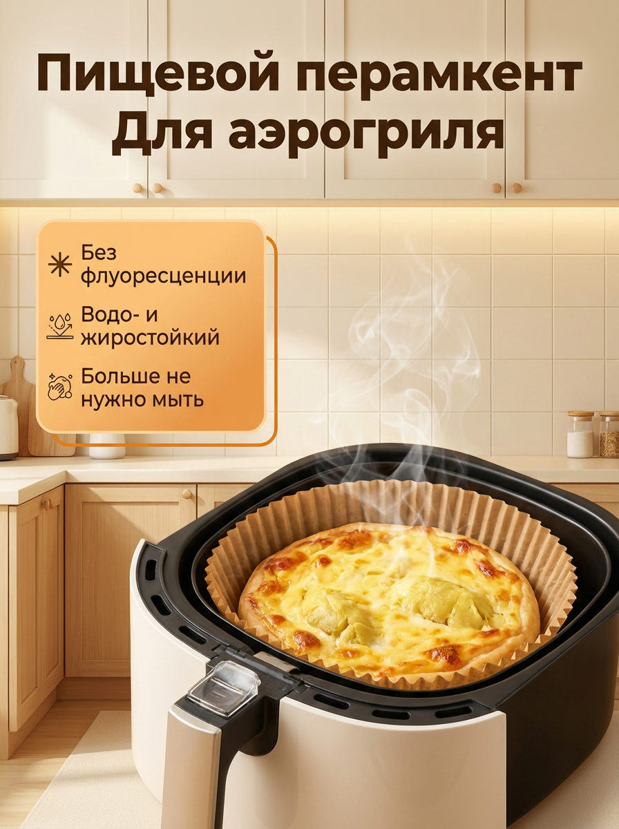 Пергамент вкладыш для аэрогриля, пергаментная бумага для выпечки, форма для выпечки бумажная, цвет бежевый, 20 см, 50 шт