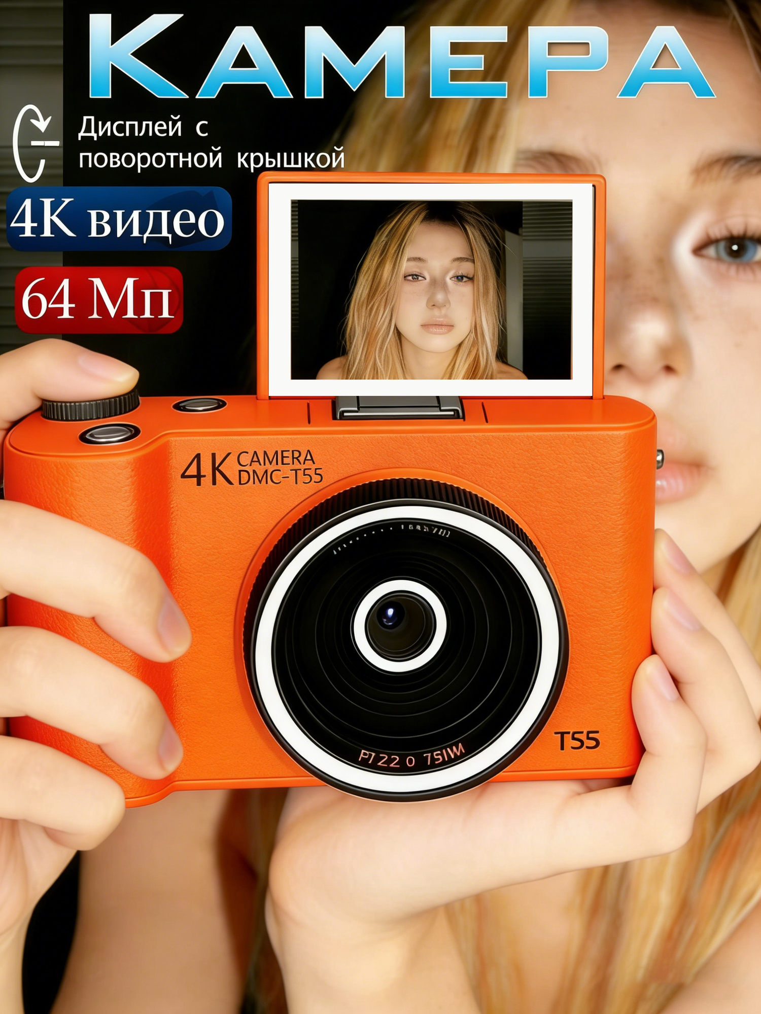 Портативная цифровая фотоаппарат, 64 миллиона пикселей высокой четкости, 3 дюйма, оранжевый