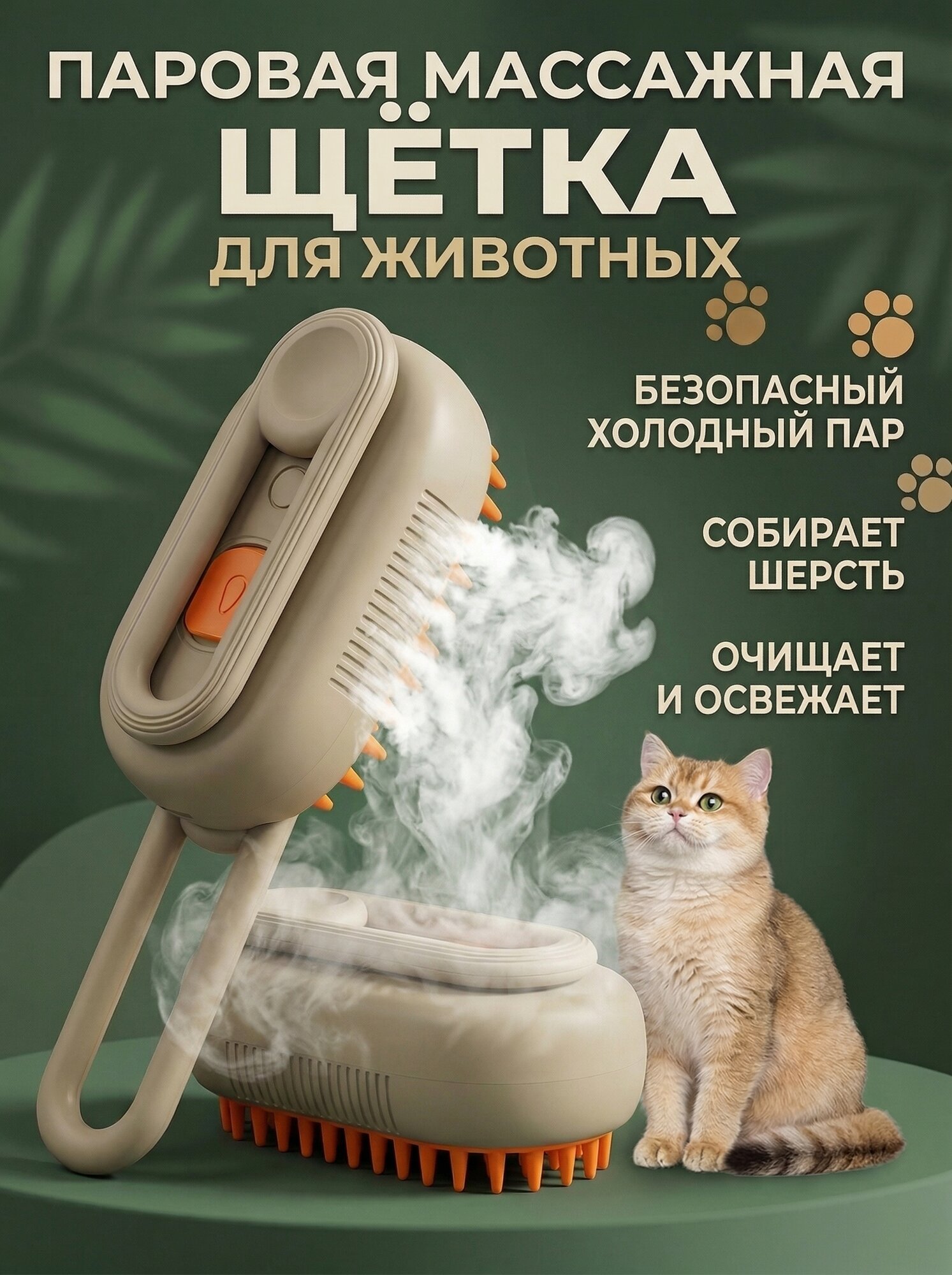 Паровая щетка для кошек и собак силиконовая зеленая, массажная расческа для животных от линяющей шерсти с распылителем