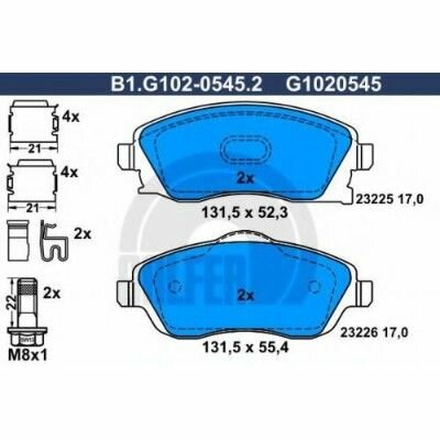 Колодки тормозные передние GALFER B1-G102-0545-2 Opel Corsa C 1,0, 1,2,14 9, 00-> MerIVa 1,4, 1,6-16V 5, 03-> с датчиком