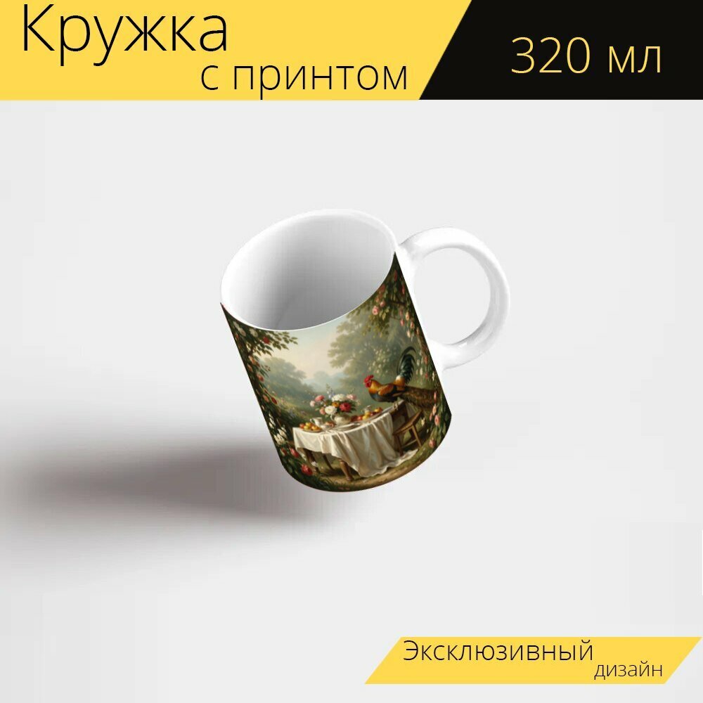 Кружка с рисунком, принтом "Павлин у цветочного стола. Живописный садовый натюрморт в винтажной эстетике: яркий петух рядом со столом, уставленным фруктами, посудой и." 320 мл.