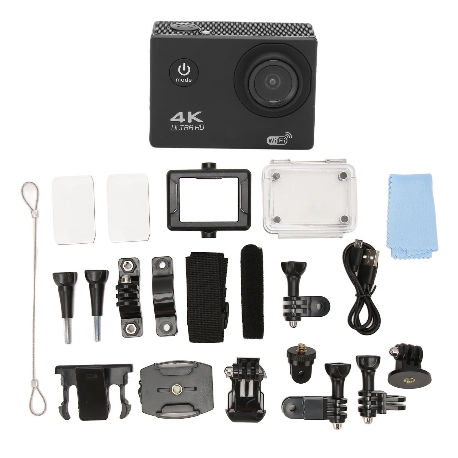 Экшн-камера 4K HD, водонепроницаемость до 30 метров, 2-дюймовый экран, Wi-Fi, для подводного плавания, дайвинга, шлема, черная.