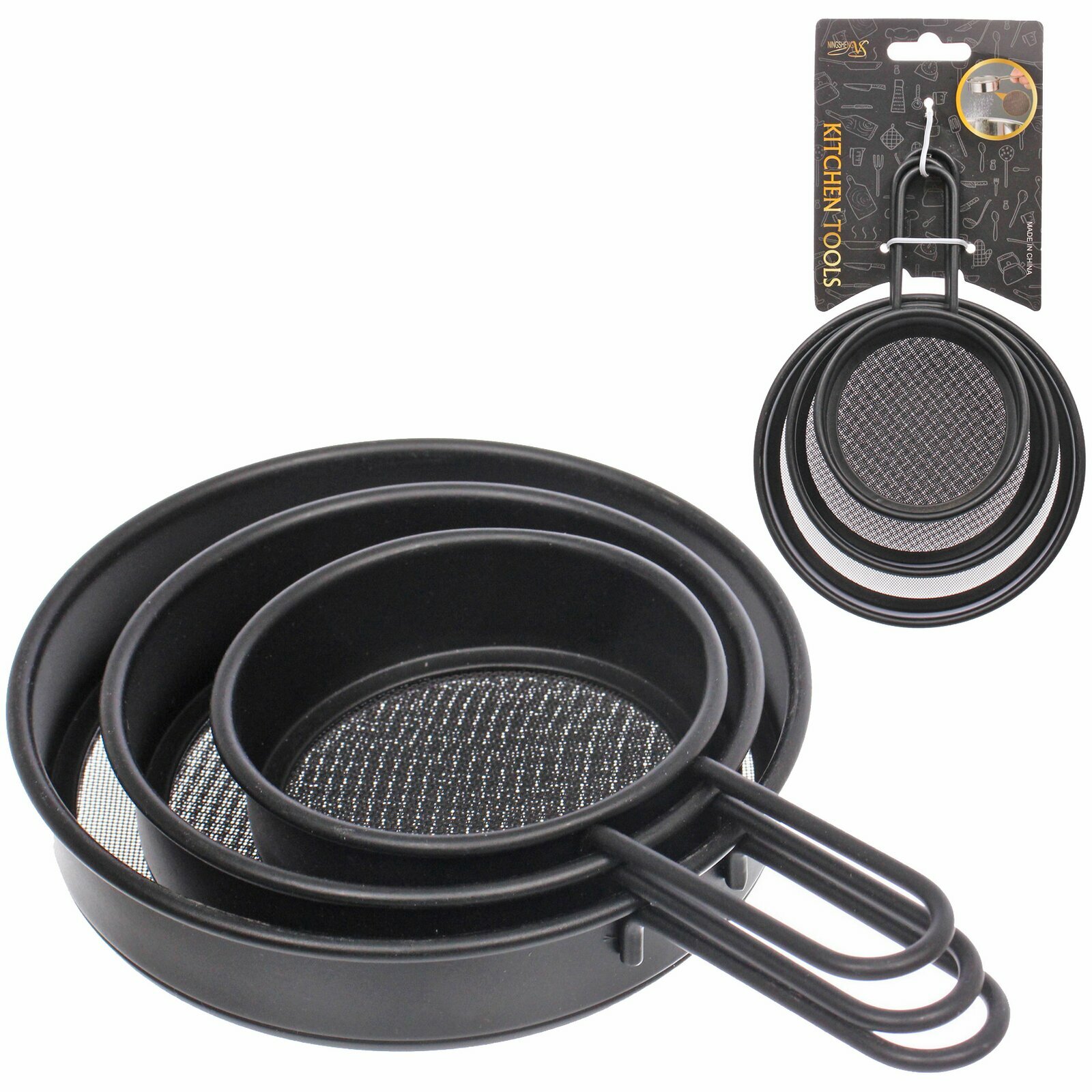 Набор сит металлических «Black» 3 штуки, диаметры 7, 9 и 11 см, для просеивания муки и сахара, черный металл