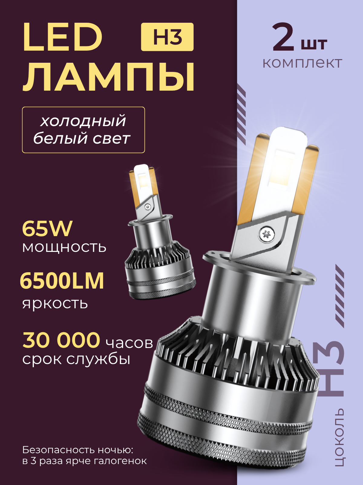 Лампа автомобильная H3 12-24V 65W (PK22s) Лампа LED (CAN, 6000K, 6500Lm) к-т.2шт.