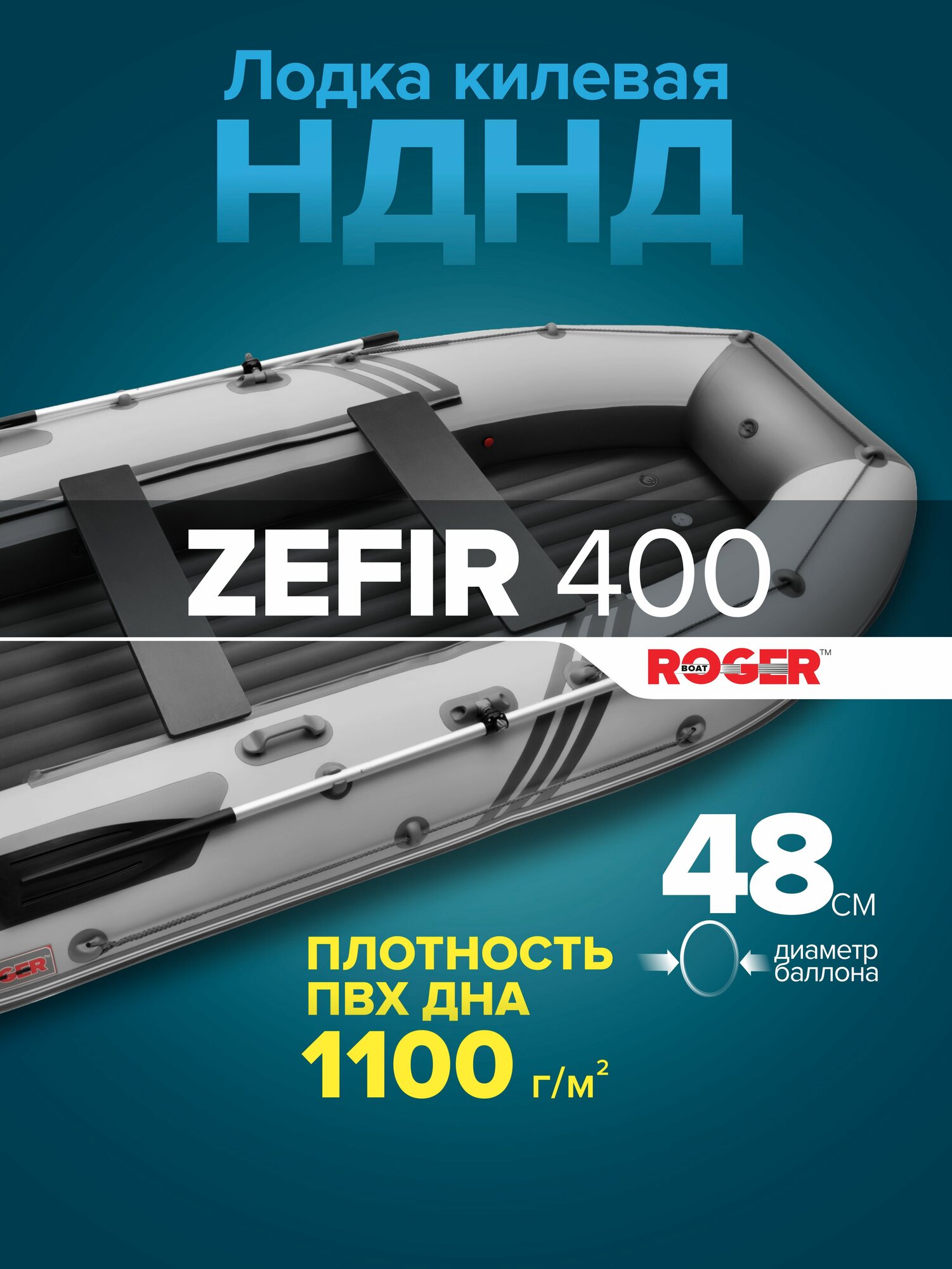 Лодка ПВХ под мотор ROGER Zefir 400, надувная для рыбалки НДНД килевая (серый-графитовый)