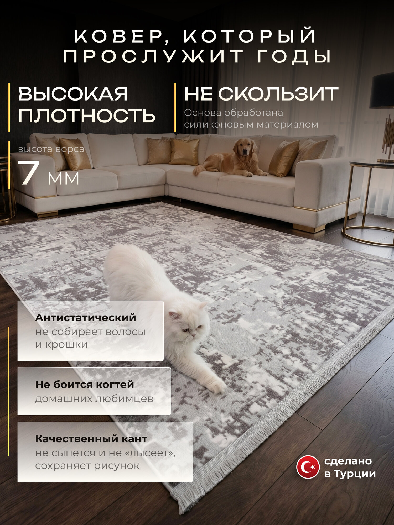 Ковер BARKS 200х300 см, в гостиную, детскую, спальню, противоскользящая основа, серый, Турция — фото 1