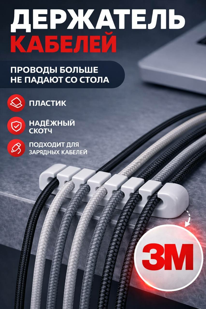 Органайзер держатель для проводов на стол 7 слотов, держатель кабелей USB и зарядок, кабель-менеджер с клейкой основой 3M, фиксатор проводов для дома, офиса и автомобиля