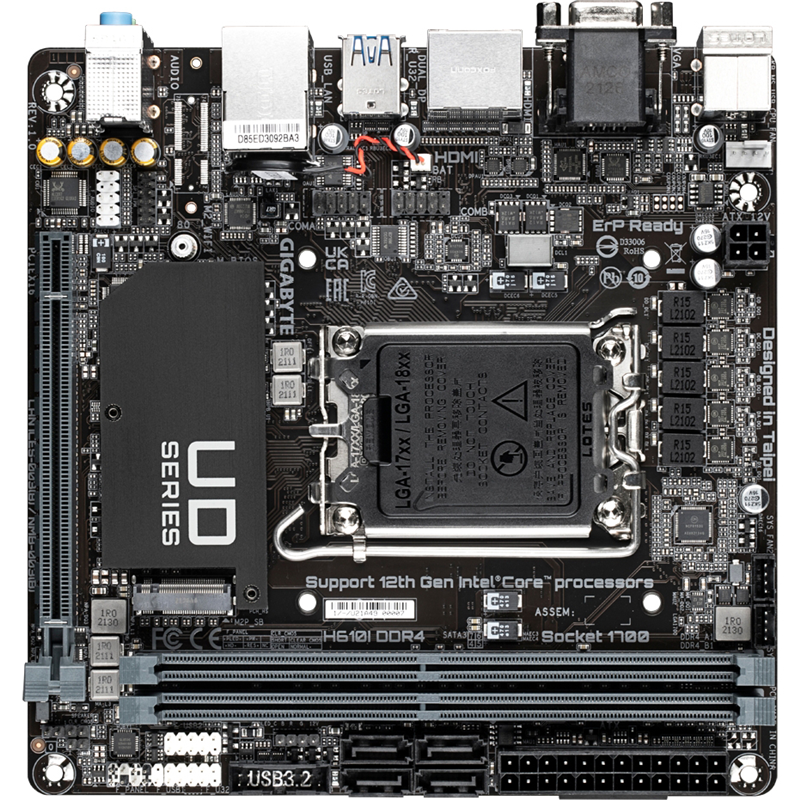 Материнская плата GIGABYTE H610 s1700, mini ITX, 2xDDR4 (до 64 ГБ), HDMI 1.4, 2xDP, PCIe 4.0x16