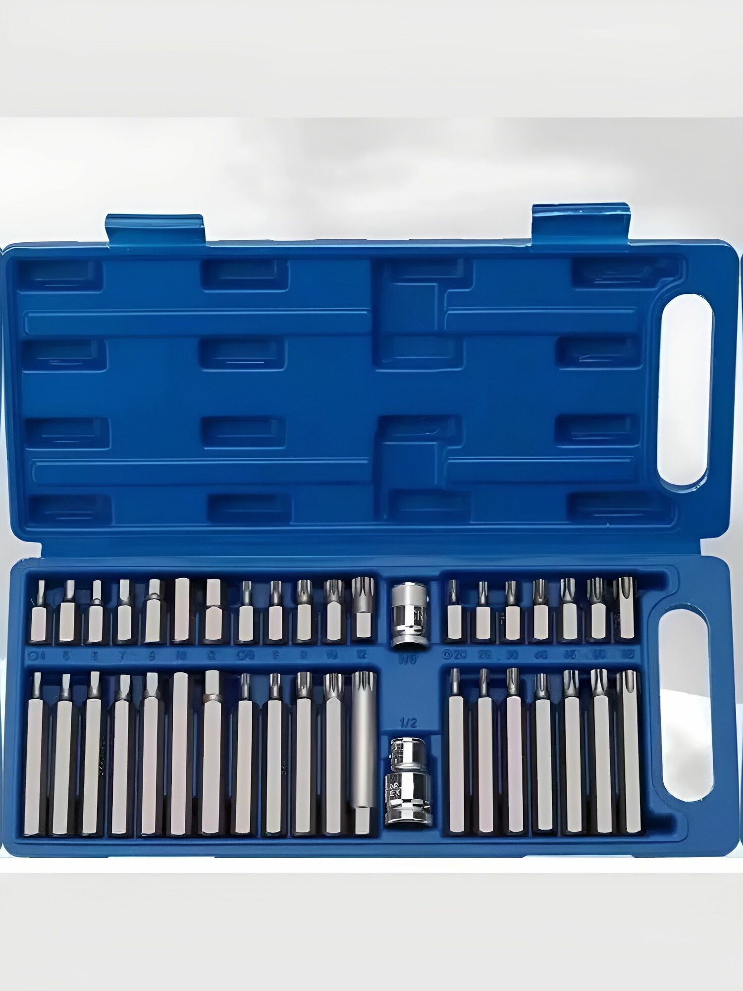 Набор бит Набор вставок TORX, SPLINE и шестигранник, CrV сталь, 2 держателя (1/2"DR и 3/8"DR), пластиковый кейс 40 предметов
