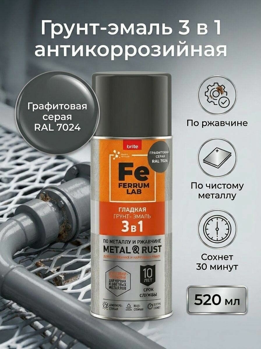 Грунт-эмаль FERRUM LAB по ржавчине 3 в 1 гладкая графитовая серая RAL 7024 глянцевая, аэрозоль 0,52 л