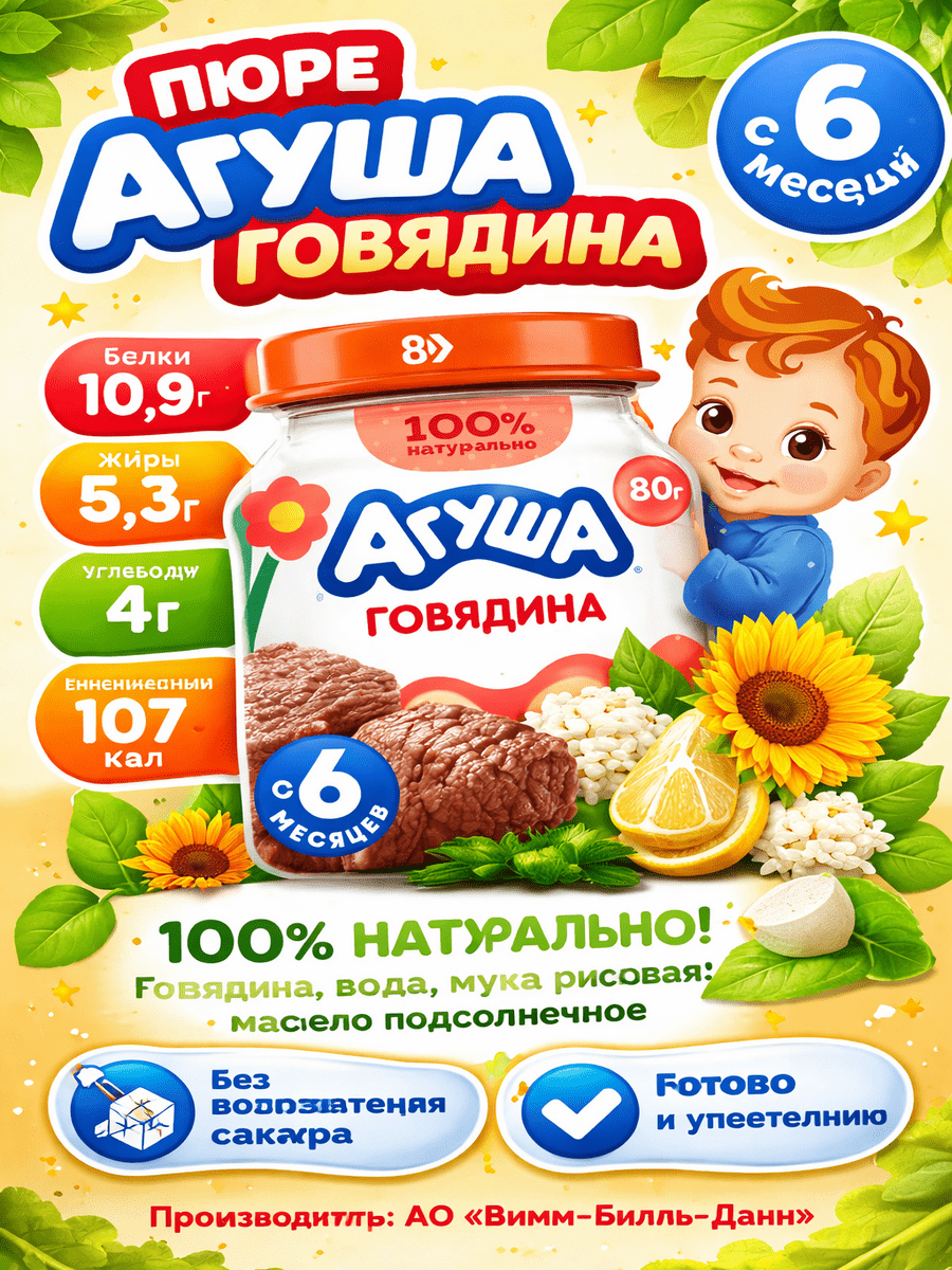 Пюре мясное детское Агуша Говядина с 6 месяцев, 80г