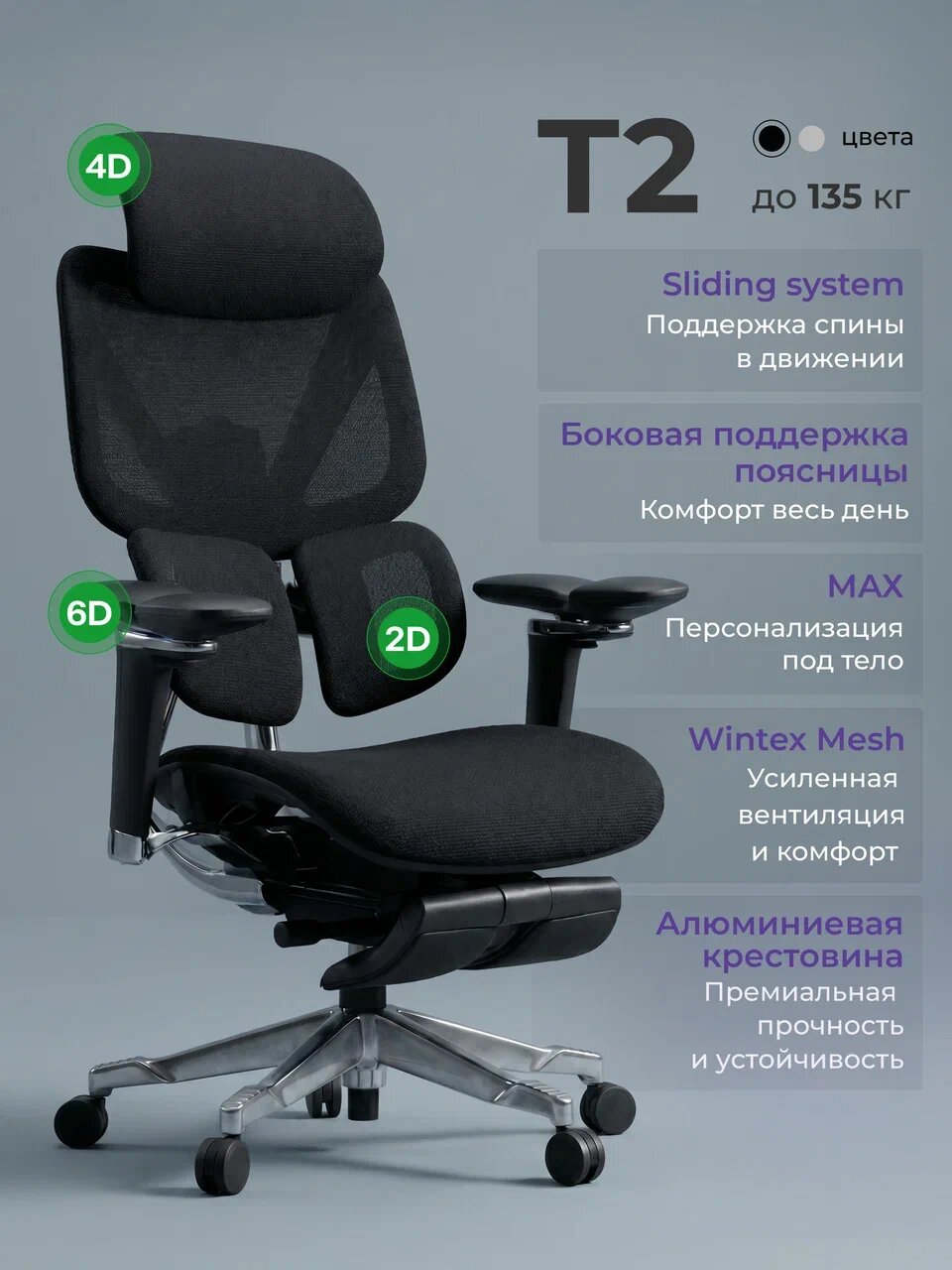 Кресло компьютерное эргономичное ортопедическое для дома и офиса Ergostul T2 Black