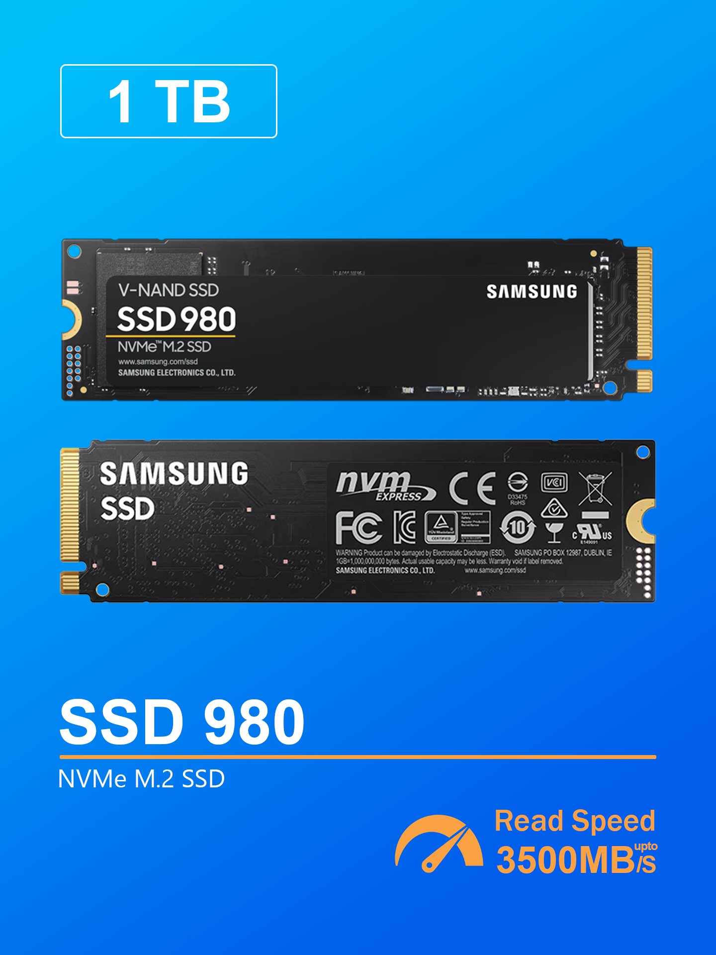 SSD накопитель 1ТБ NVMe M.2 2280 PCIe 3.0x4, чтение 3500 МБ/с, запись 3000 МБ/с