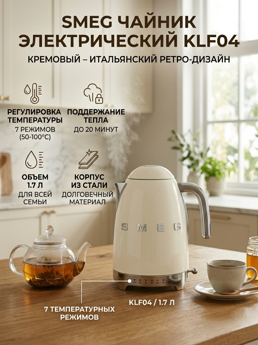 Электрический чайник с регулировкой температуры Smeg KLF04, объем 1.7 л, нержавеющая сталь, цвет кремовый